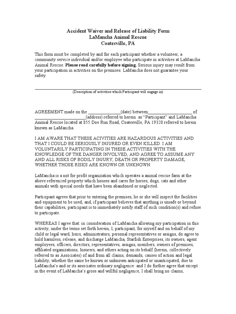 Accident Waiver and Release of Liability Form | PDF | Negligence ...