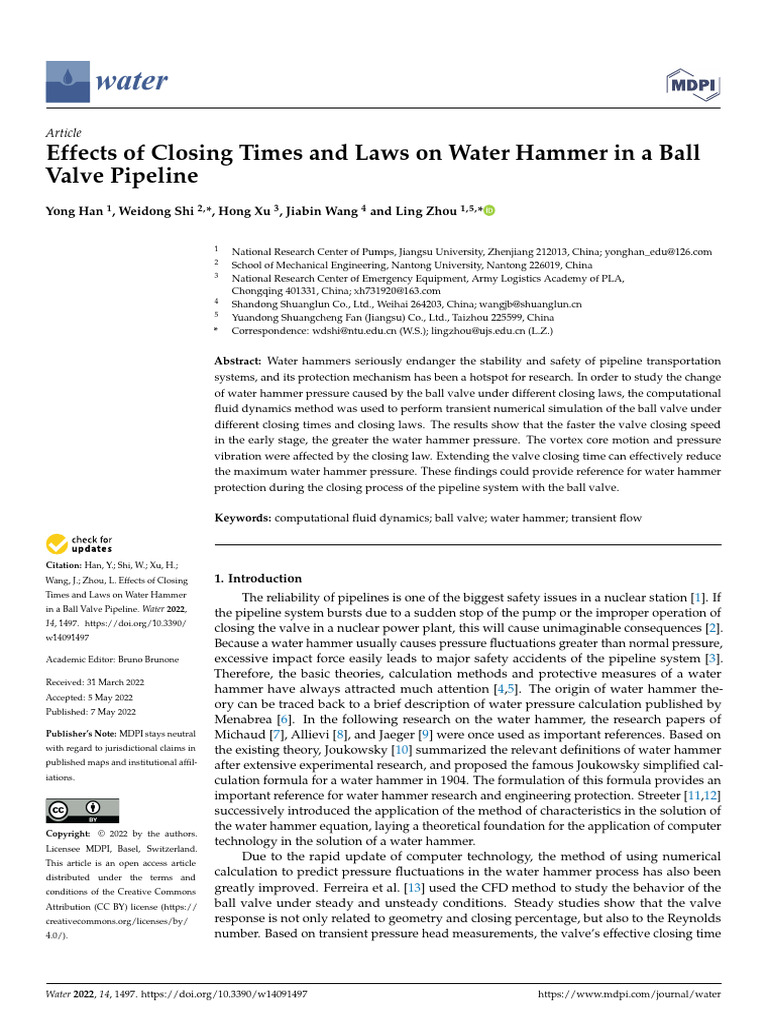 Effect of Water Hammer Because of Opening and Closing Time | PDF ...