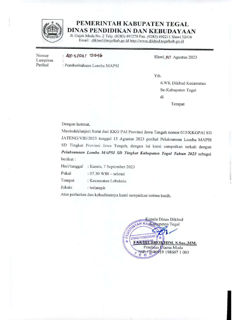 Surat Edaran Dan Juknis Lomba Mapsi 2023 | PDF