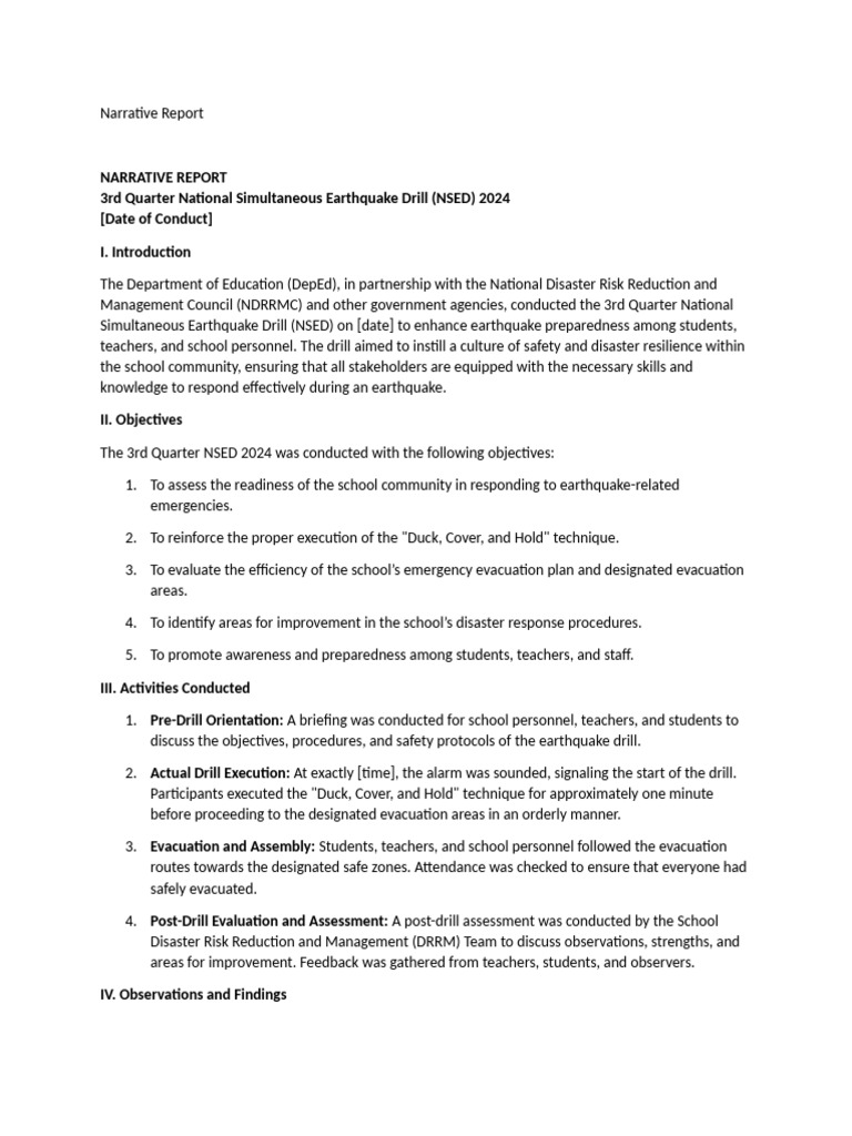 Narrative Report | PDF | Emergency Management | Emergency Evacuation