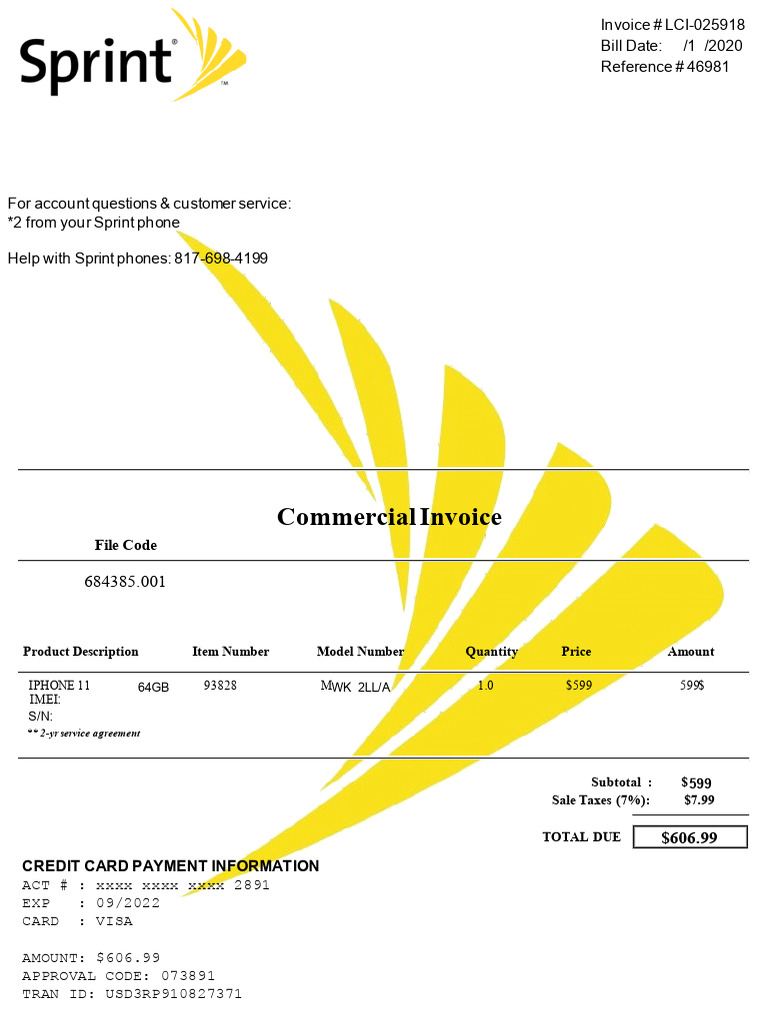 Sprint Invoice for iPhone 11 Purchase | PDF