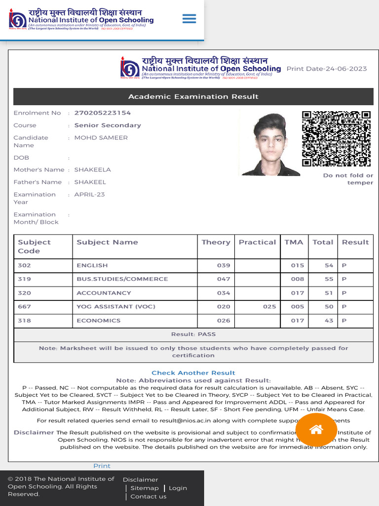Result - National Institute of Open Schooling | PDF