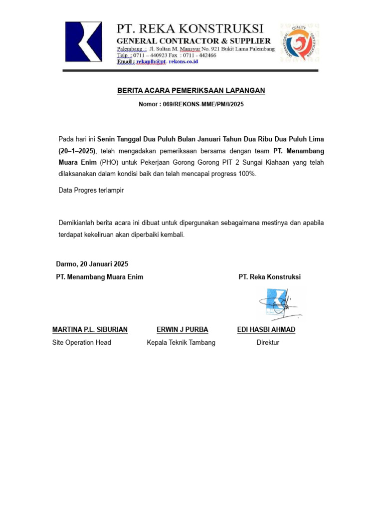 Berita Acara Progress 100% Pekerjaan | PDF