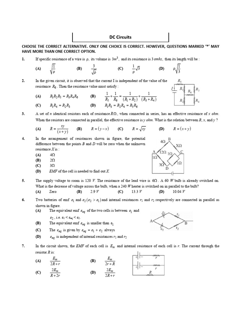 DC Circuits Multiple Choice Questions | PDF | Series And Parallel ...