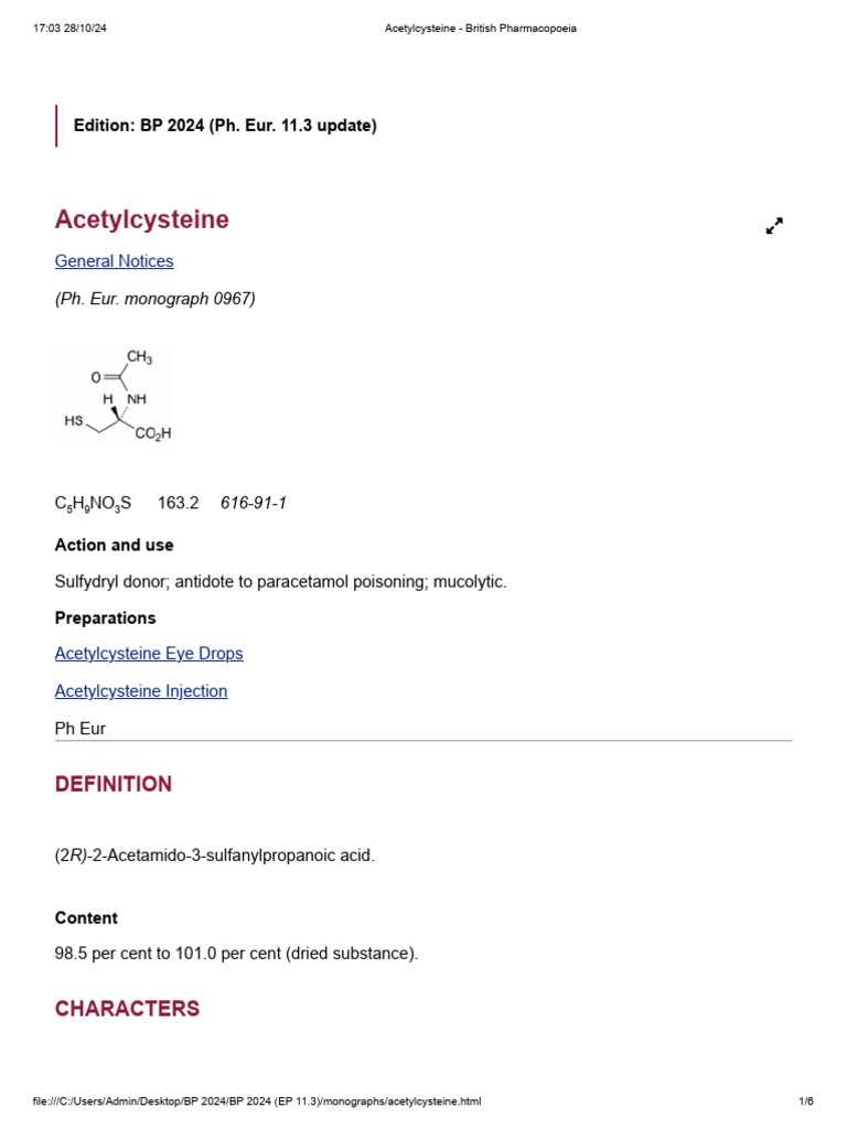 Acetylcysteine Monograph BP 2024 | PDF | Solubility | Chromatography