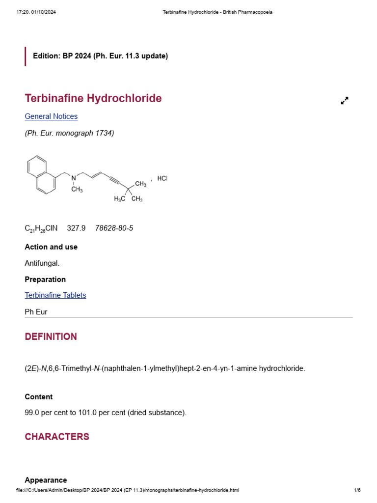 Terbinafine Hydrochloride Guide | PDF | Chromatography | Solubility