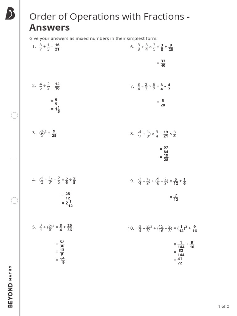 Order of Operations With Fractions (Answers) | PDF | Mathematical Notation | Computer Programming