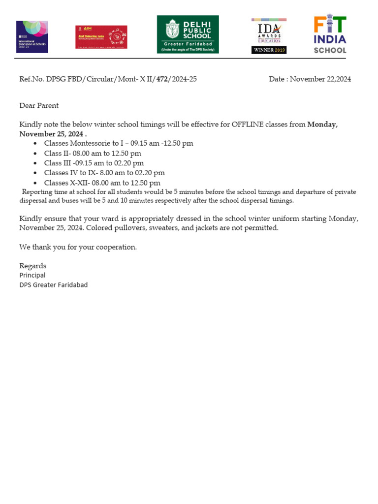 Circular No472 MontXIIOn Winter School Timings W.E.F Nov 252024 | PDF