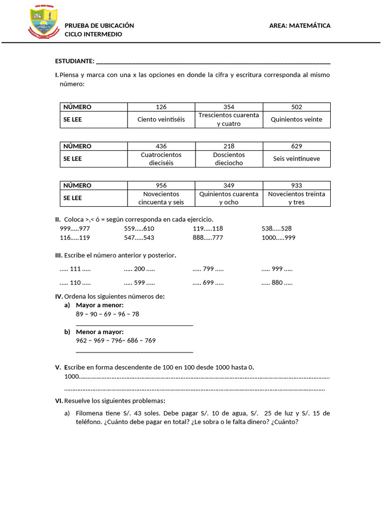 EXAMEN DE UBICACION - CICLO INICIAL- 2°GRADO- MATEMATICA | PDF