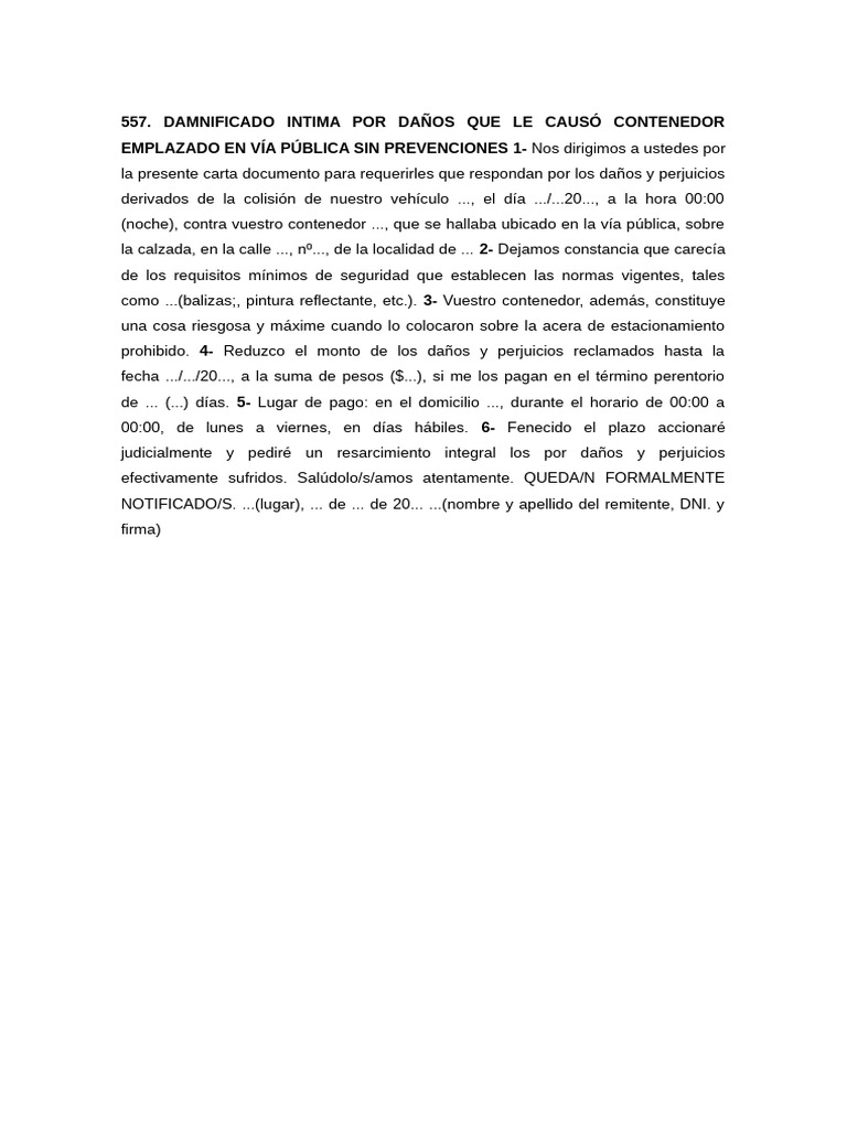 Damnificado Intima Por Da Os Que Le Caus Contenedor Emplazado en V°a P Blica Sin Prevenciones | PDF