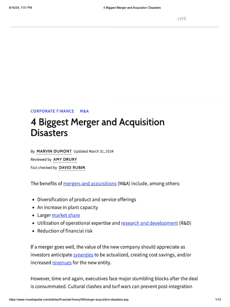 4 Biggest Merger and Acquisition Disasters | PDF