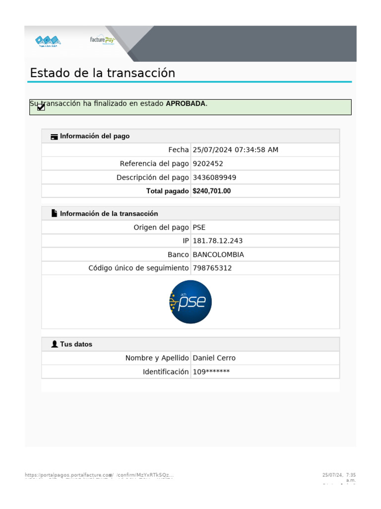 Confirmación Pago Aprobado Triple A | PDF