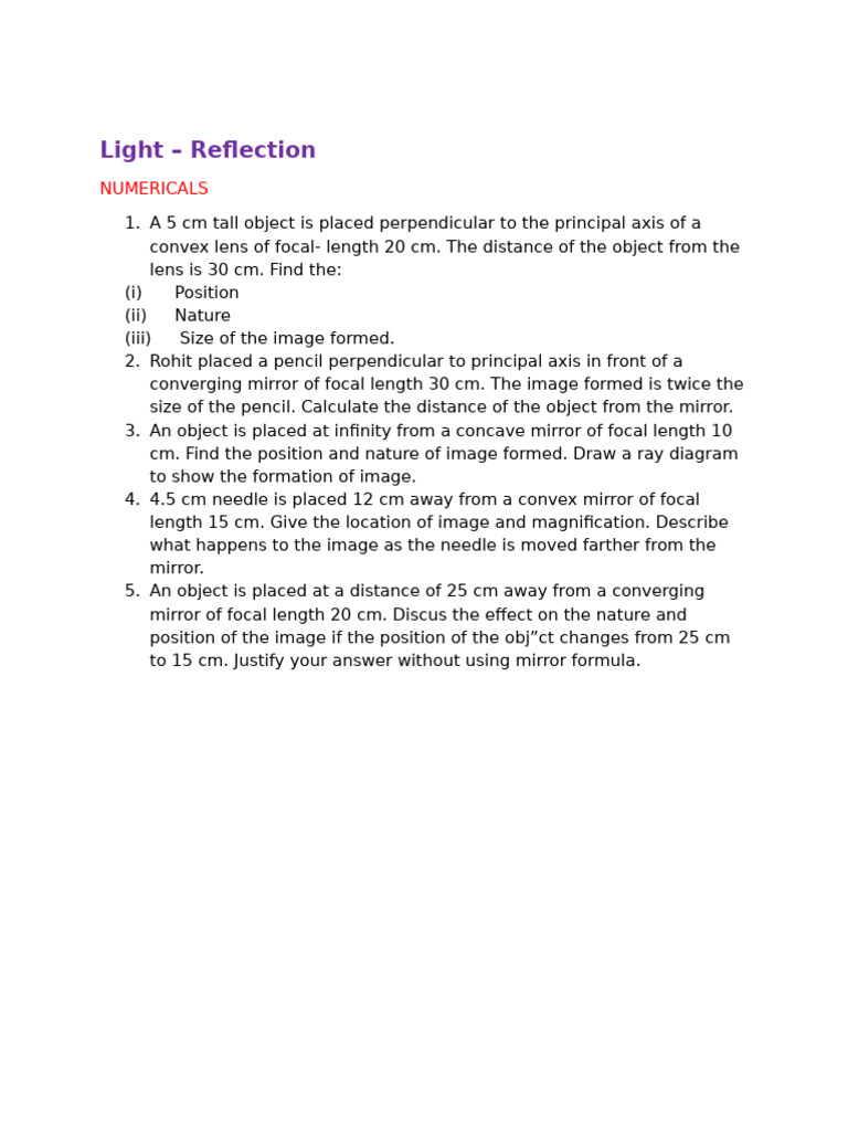 Light Reflection Numericals | PDF