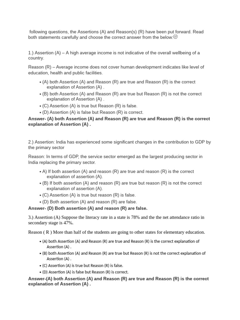 Assertion and Reasoning CH 1 Development | PDF | Reason | Economies