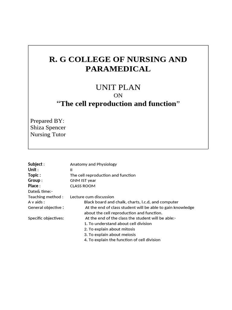 anatomy unit plan (3) | PDF | Mitosis | Meiosis