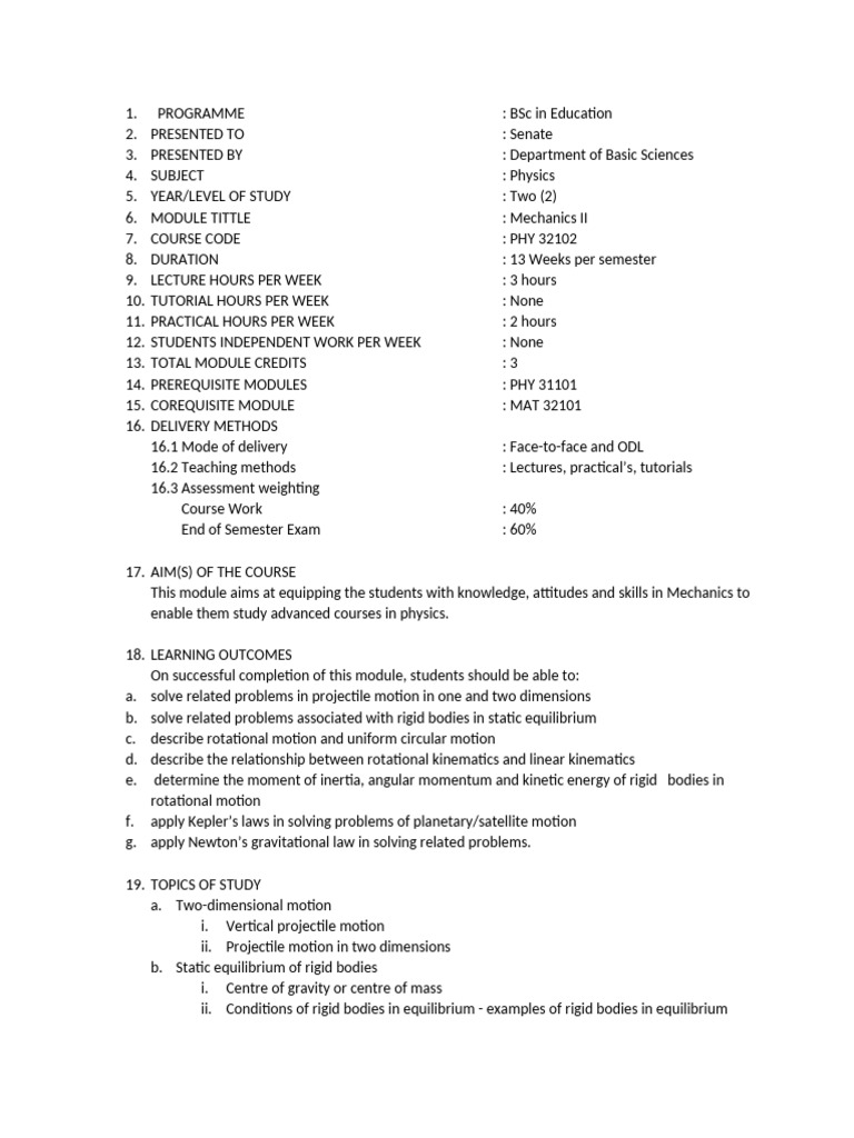 Mechanics Course Outline | PDF | Rotation Around A Fixed Axis ...