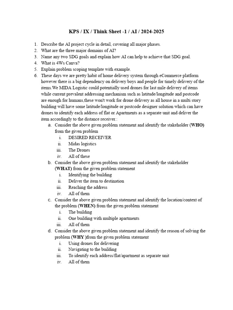 KPS - IX - Think Sheet - 1 - AI - 2024-2025 | PDF