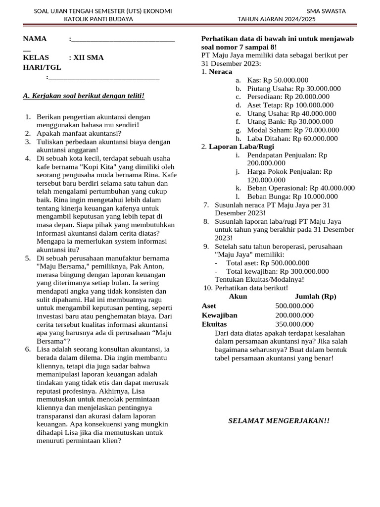 SOAL PENILAIAN UTS EKONOMI KELAS XII SEMESTER GANJIL | PDF