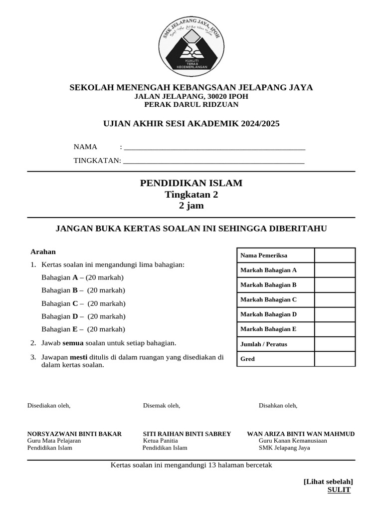 Format Cover Soalan UASA 2024 | PDF
