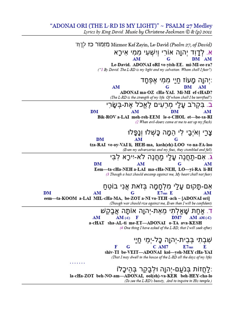 Adonai Ori: Psalm 27 Medley Lyrics | PDF | Old Testament Books | Hebrew ...