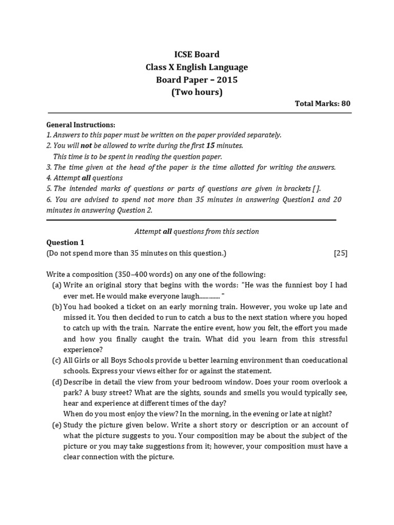 ICSE Class 10 ENGLISH Previous Year Question Paper 2015 | PDF | Question
