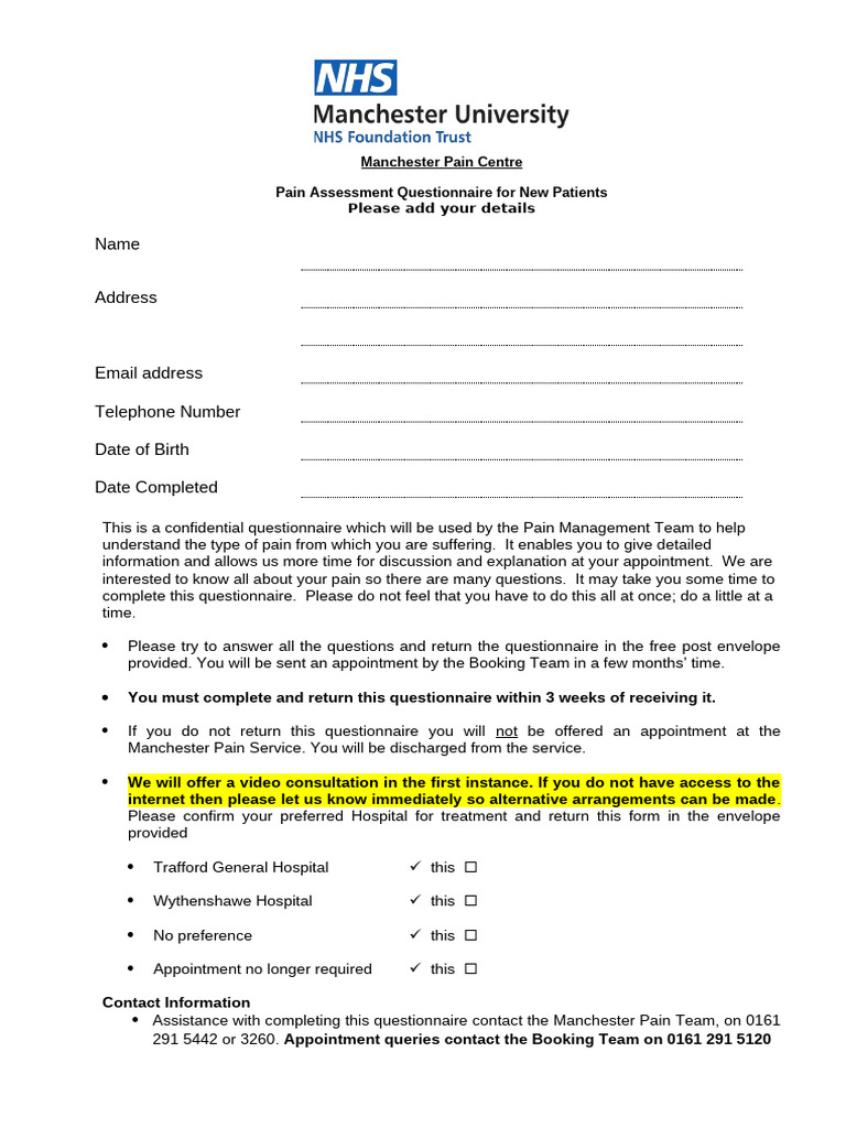 Pain Assessment Questionnaire For New Patients | PDF | Pain | Medicine