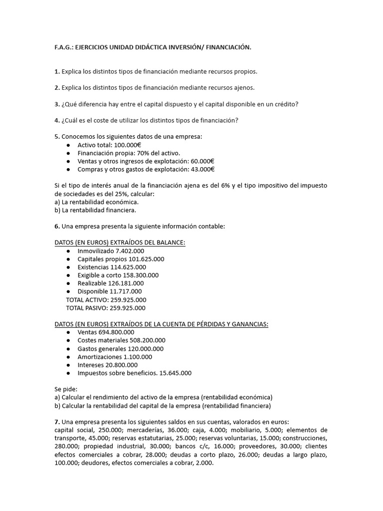 Ejercicios UD inversión- financiación.doc | PDF