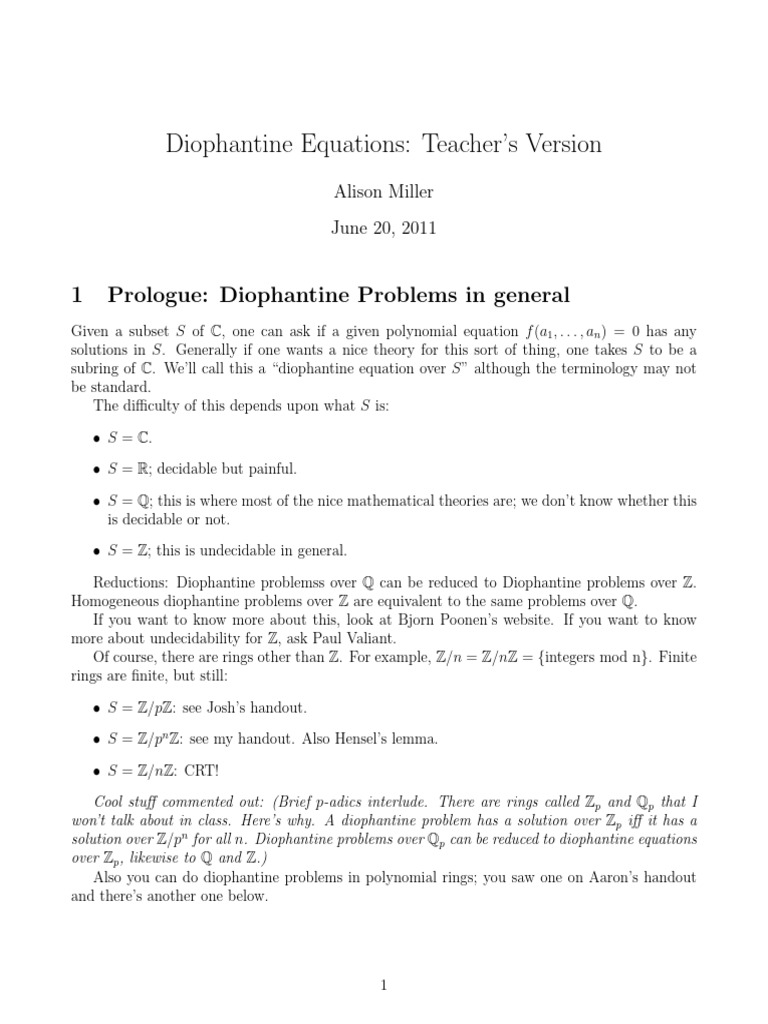 Diophantine Equations Teach - Alison Miller - MOP 2011 | PDF | Ring ...