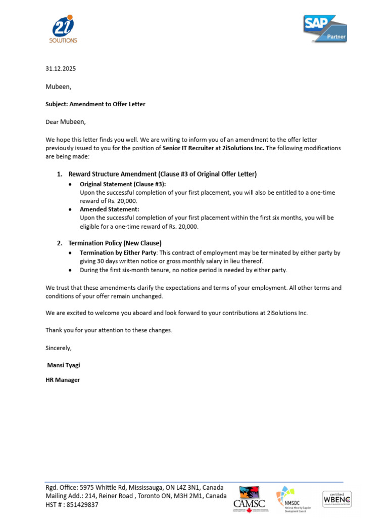 Amendment to Offer Letter.pdf-Mubeen | PDF