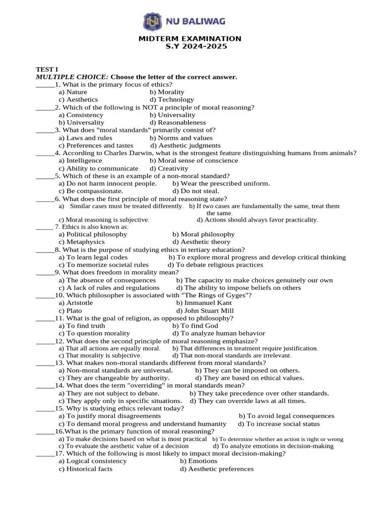 ETHICS AND MORAL REASONING QUESTIONS With Answer Key | PDF | Morality ...