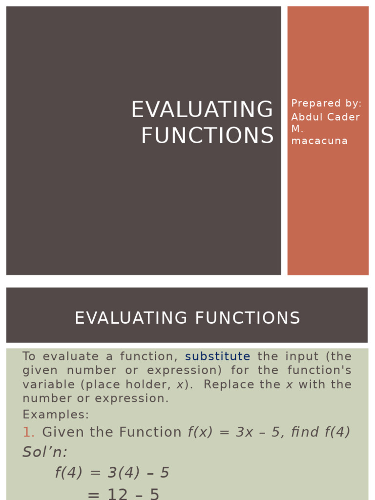 Evaluating Functions - Abdul Cader M. Macacuna | PDF