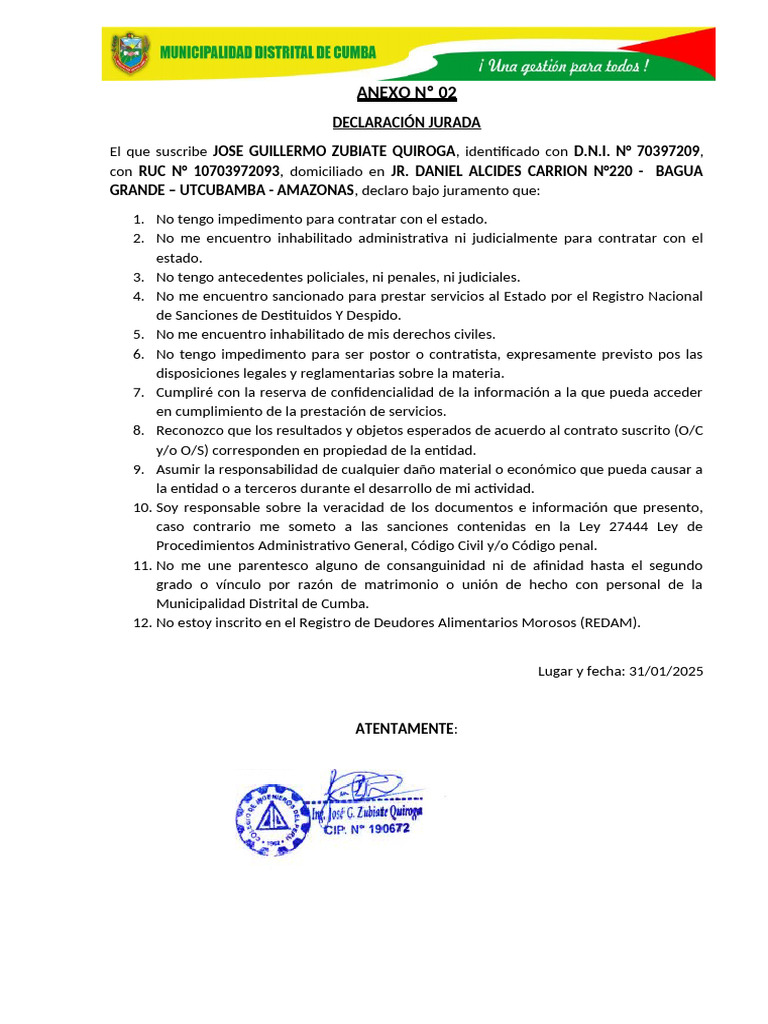Anexo 02 - Declaracion Jurada de No Impedimiento | PDF