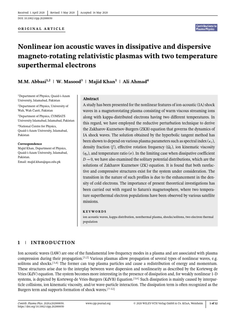 Nonlinear Ion Acoustic Waves in Magneto-Rotating Plasmas | PDF | Plasma ...