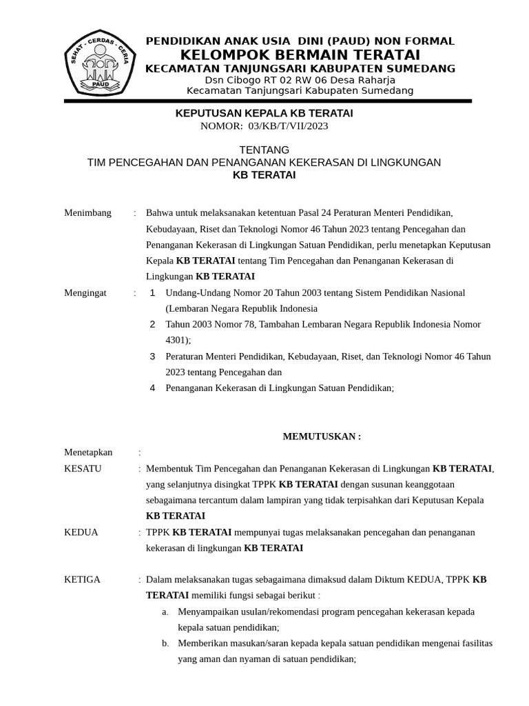 SK Panitia TPPK Sekolah KB Teratai | PDF