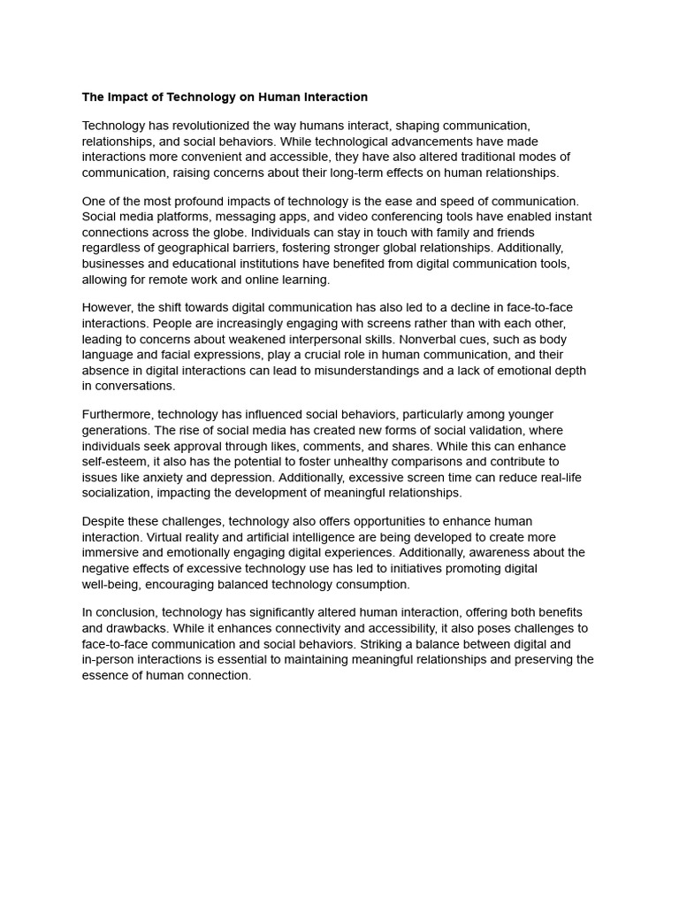 The Impact of Technology On Human Interaction | PDF | Communication | Interpersonal Relationships