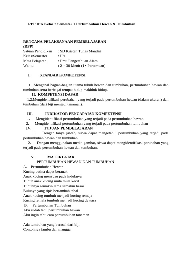 RPP IPA Kelas 2 Semester 1 Pertumbuhan Hewan Dan Tumbuhan | PDF