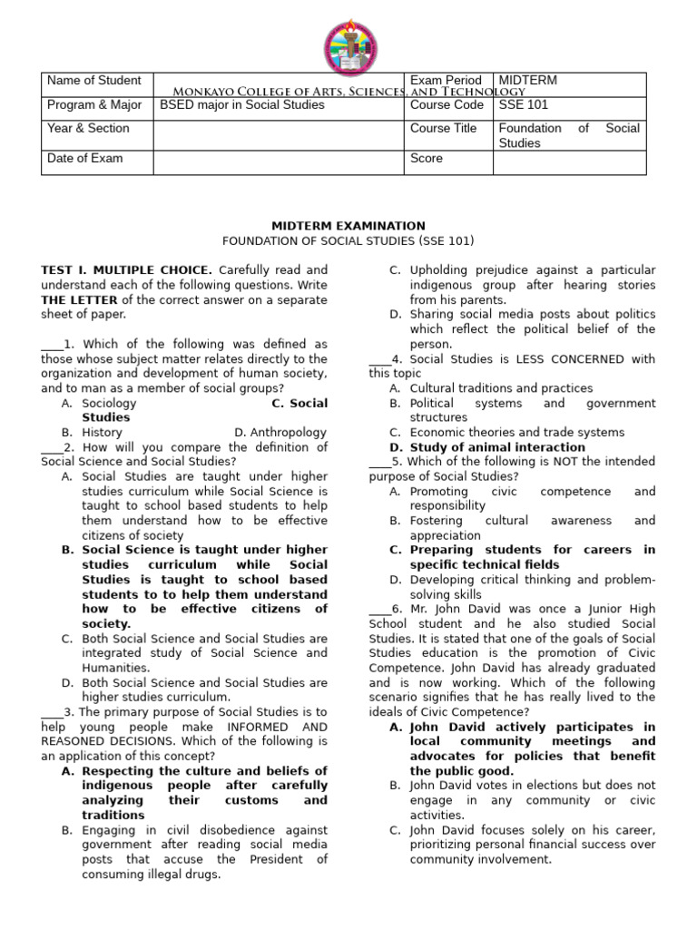 Foundation of Social Studies Midterm TQ | PDF | Existentialism | Curriculum