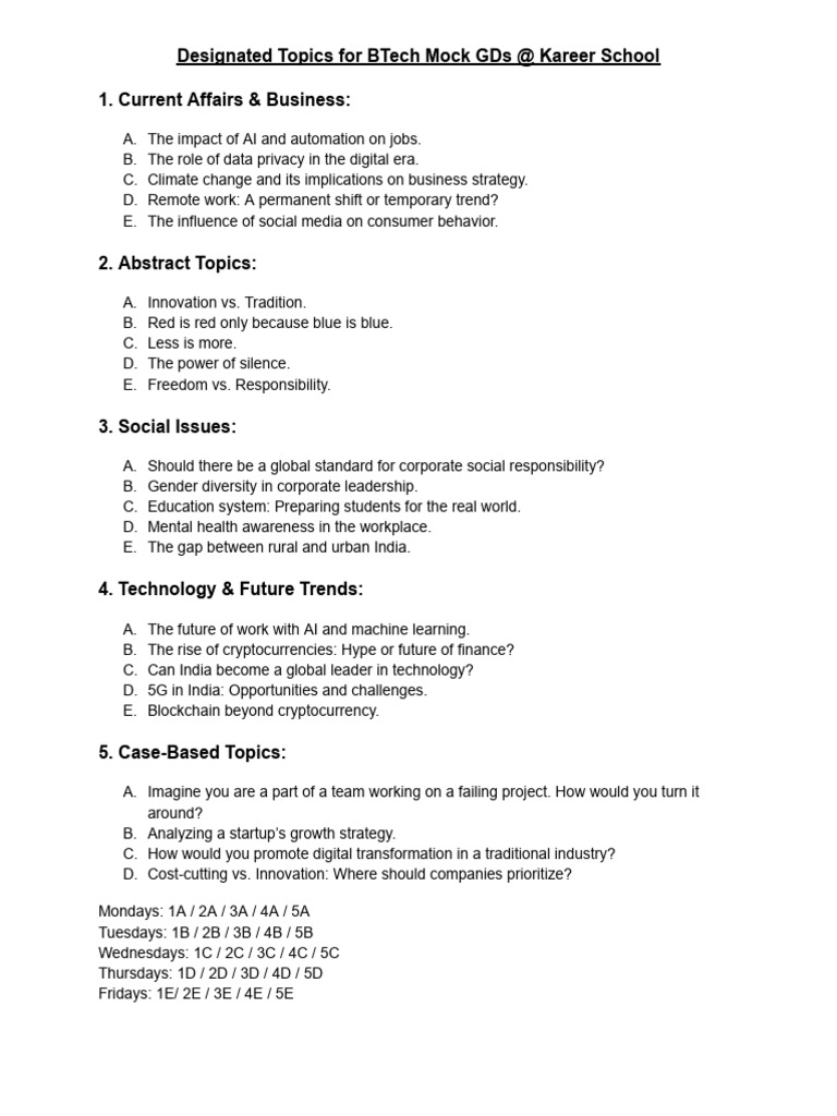 BTech Mock GD Topics at Kareer School | PDF | Corporate Social ...