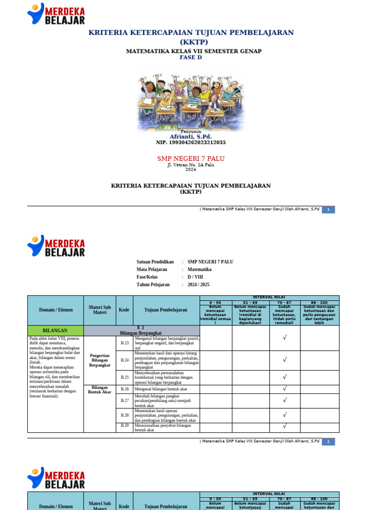 KKTP - KKM Kriteria Ketercapaian Tujuan Pembelajaran KLS 8 | PDF