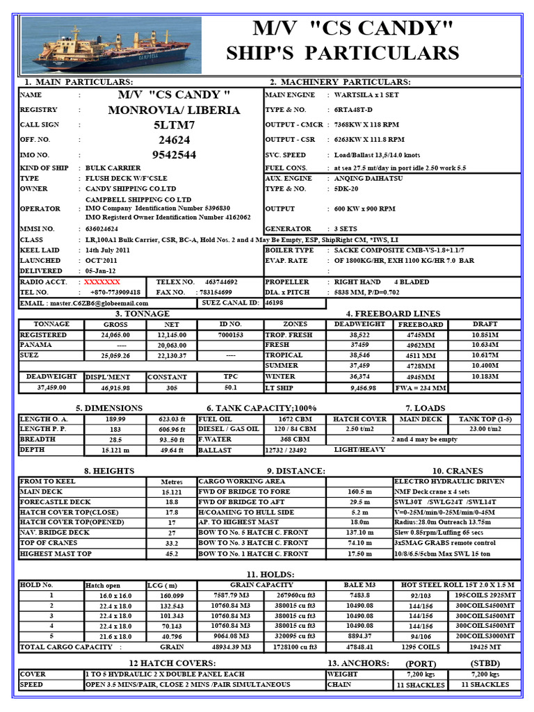 10 Ship's Particulars - CS CANDY | PDF | Tonnage | Crane (Machine)