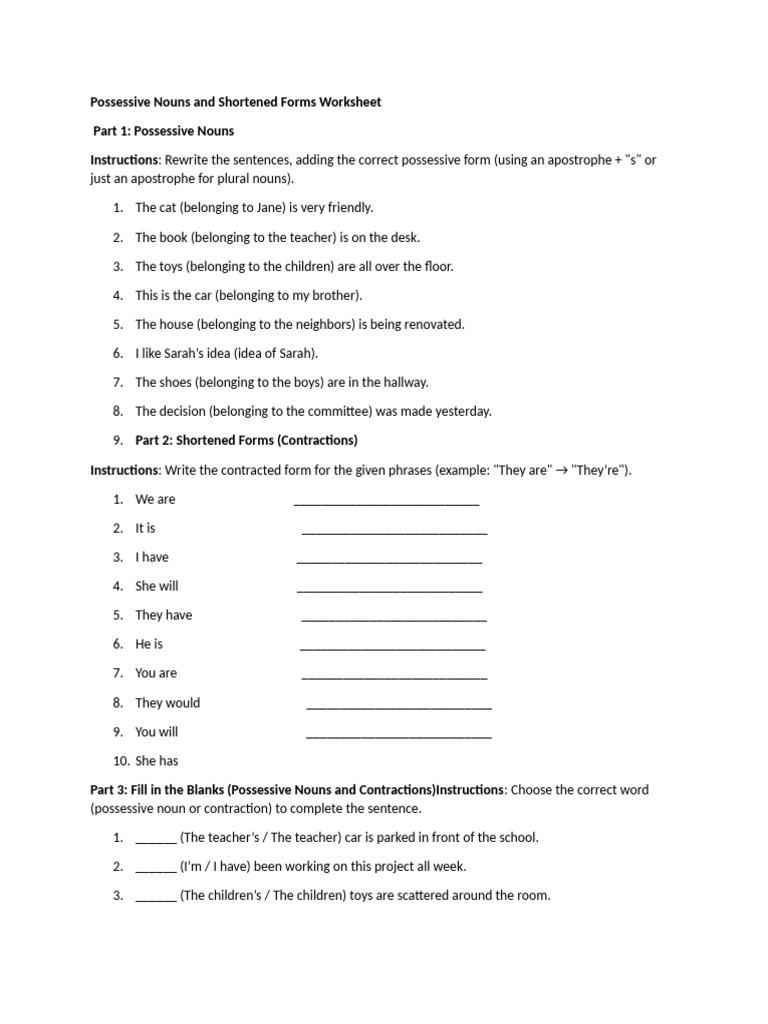 Possessive Nouns and Shortened Forms Worksheet | PDF | Syntax | Linguistics