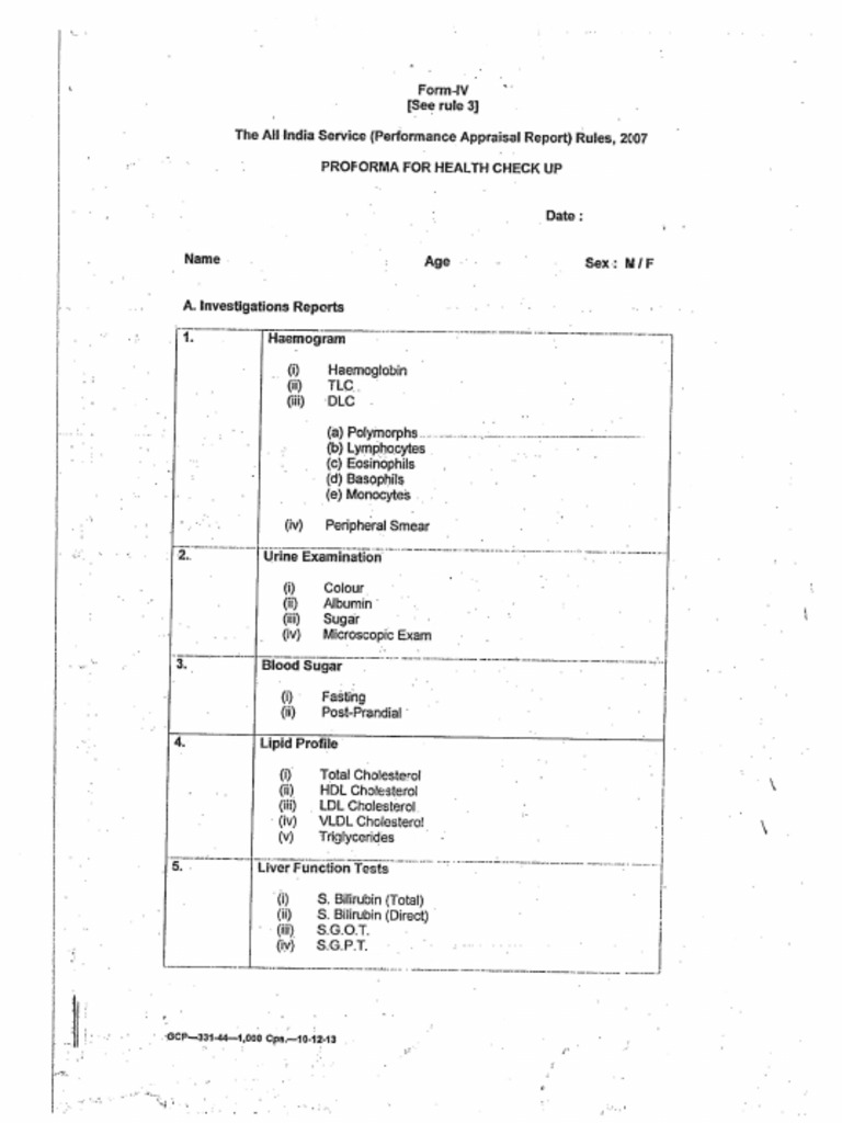 Proforma For Health Check Up - AIS PAR | PDF