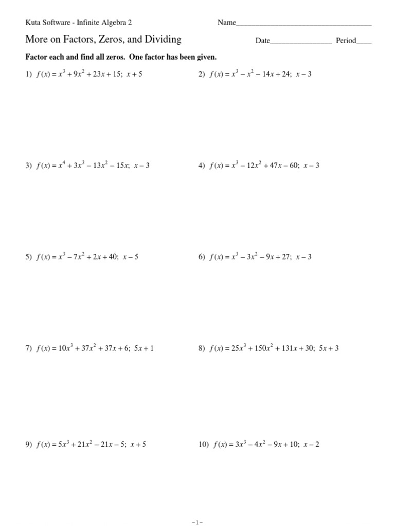 Factors and Zeros Worksheet | PDF | Mathematics | Algebra