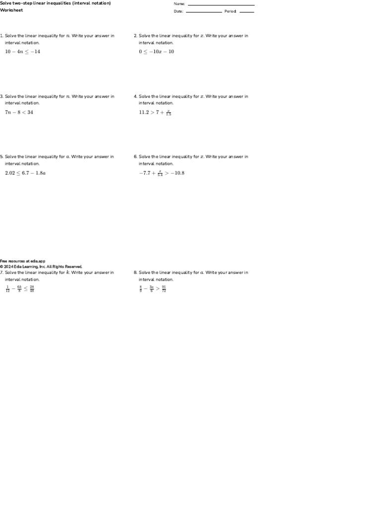 Solve Two-Step Linear Inequalities (Interval Notation) - Worksheet ...