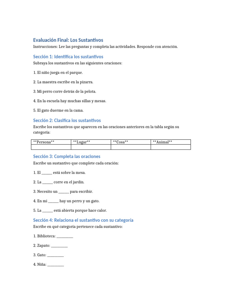 Evaluación de Sustantivos en Español | PDF