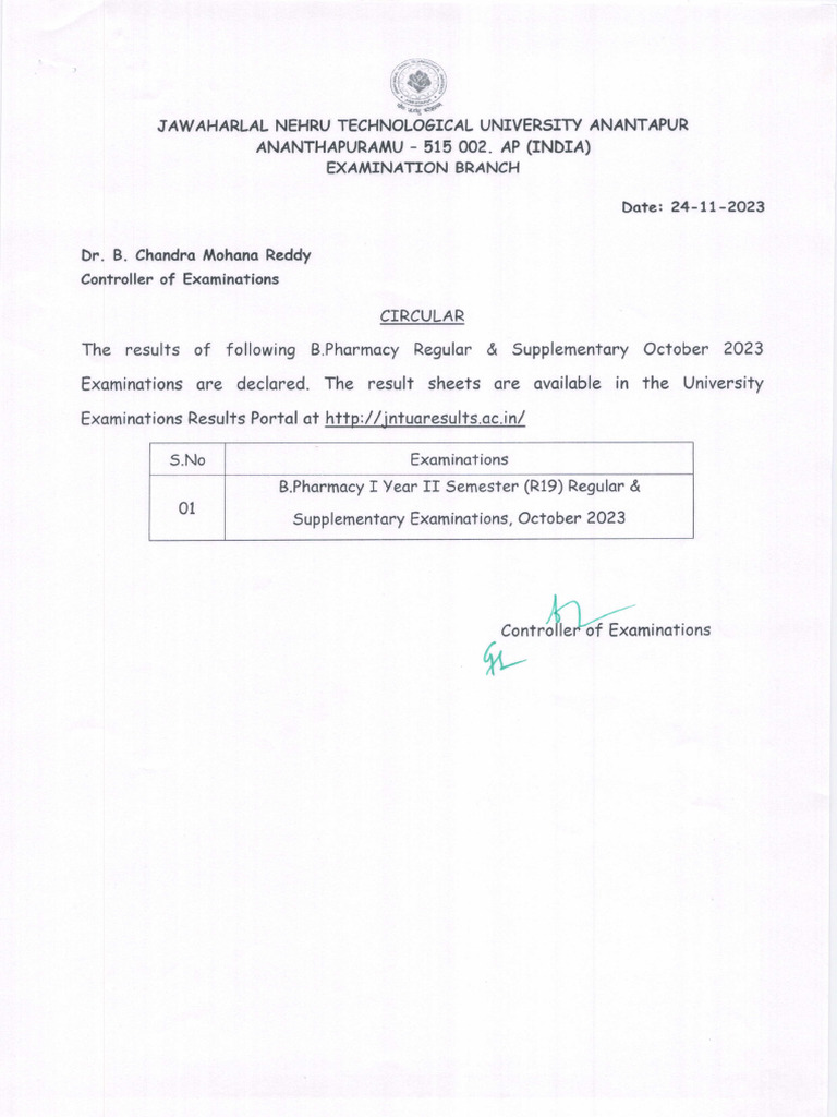 B.Pharm I Yr II Sem Oct 2023 Exams Results Declared Circular | PDF
