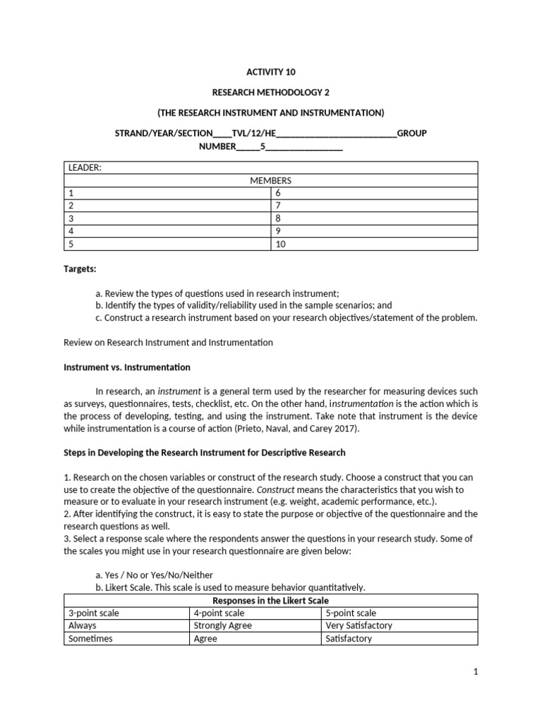 ACTIVITY 10 Research Methods 2 - Instruments and Instrumentation ...