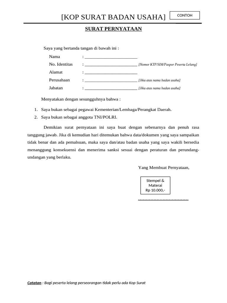 Surat Pernyataan Peserta Lelang | PDF