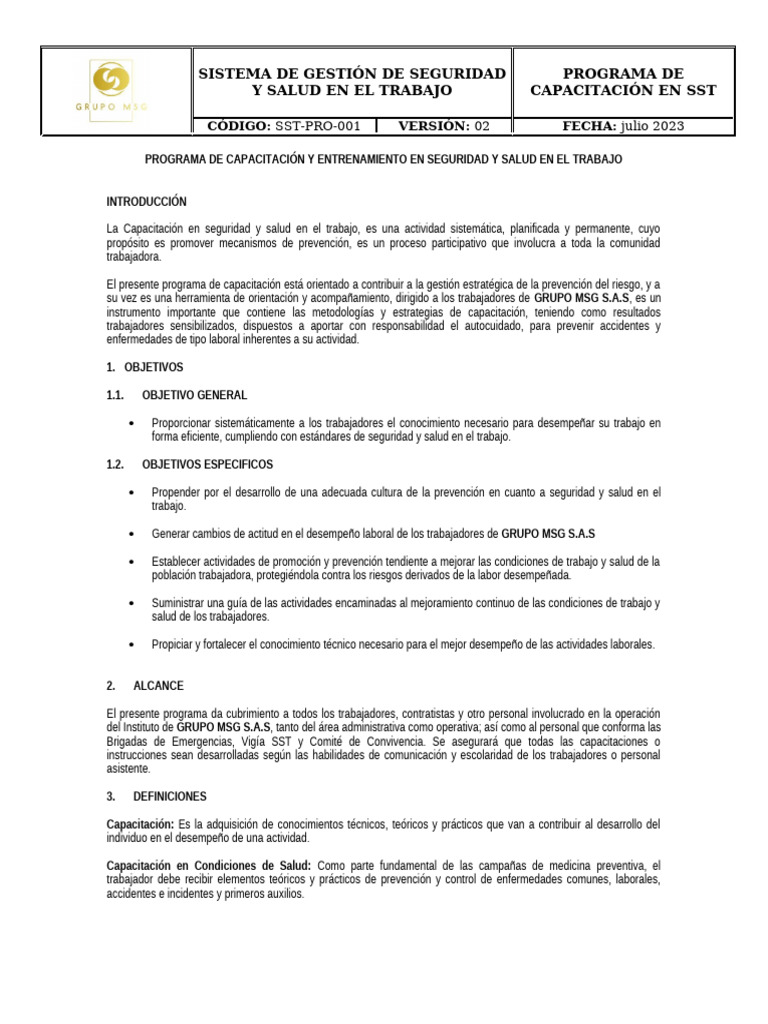 Programa de Capacitación y Entrenamiento en SST | PDF | Valores ...