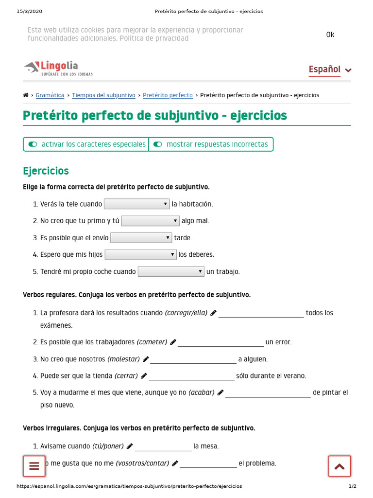 Pretérito Perfecto de Subjuntivo - Ejercicios | PDF | Verbo | Gramática